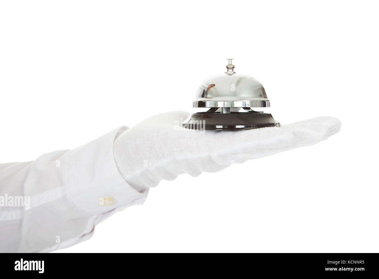 Waiter In White Gloves Holding A Service Bell Isolated Over White ...
