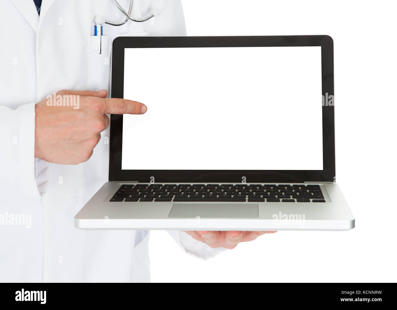 Happy Male Doctor Showing On Laptop Over White Background Stock Photo ...