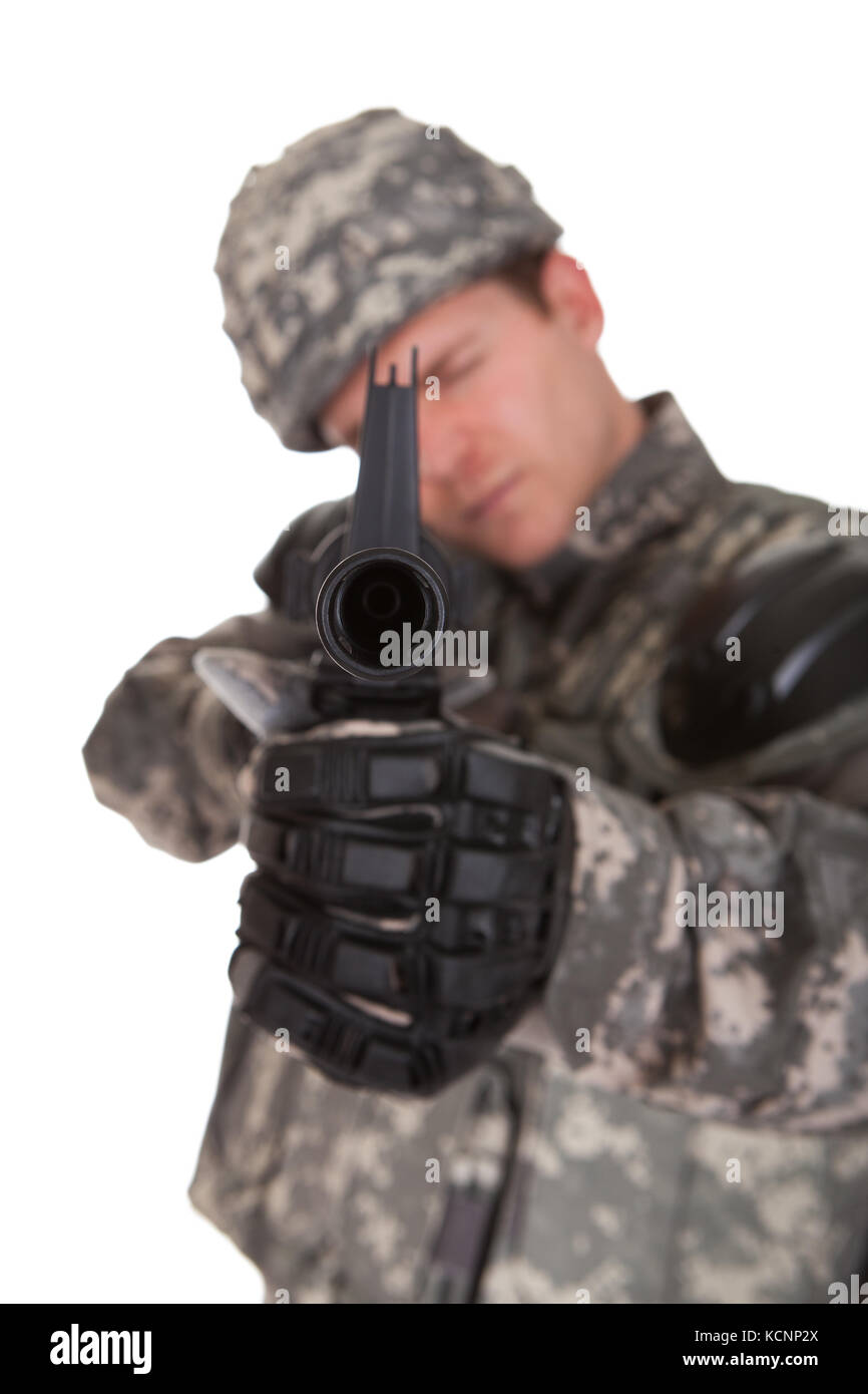 Close-up Of Solider Aiming At Direction Isolated Over White Background ...