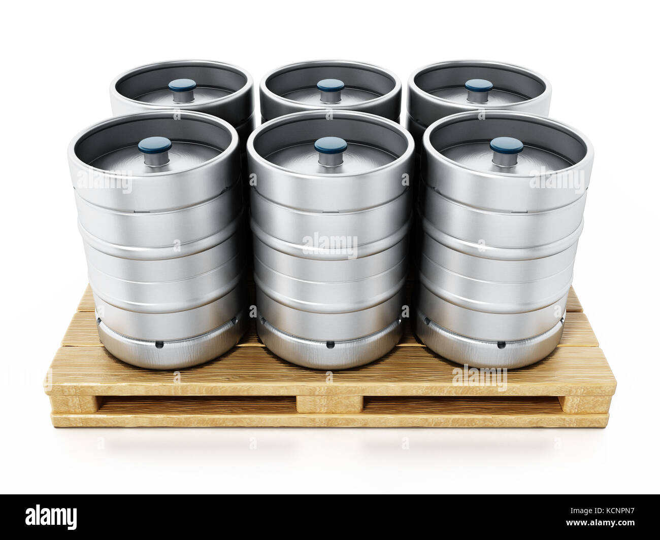 Stack of metal beer kegs standing on wooden pallette. 3D illustration ...