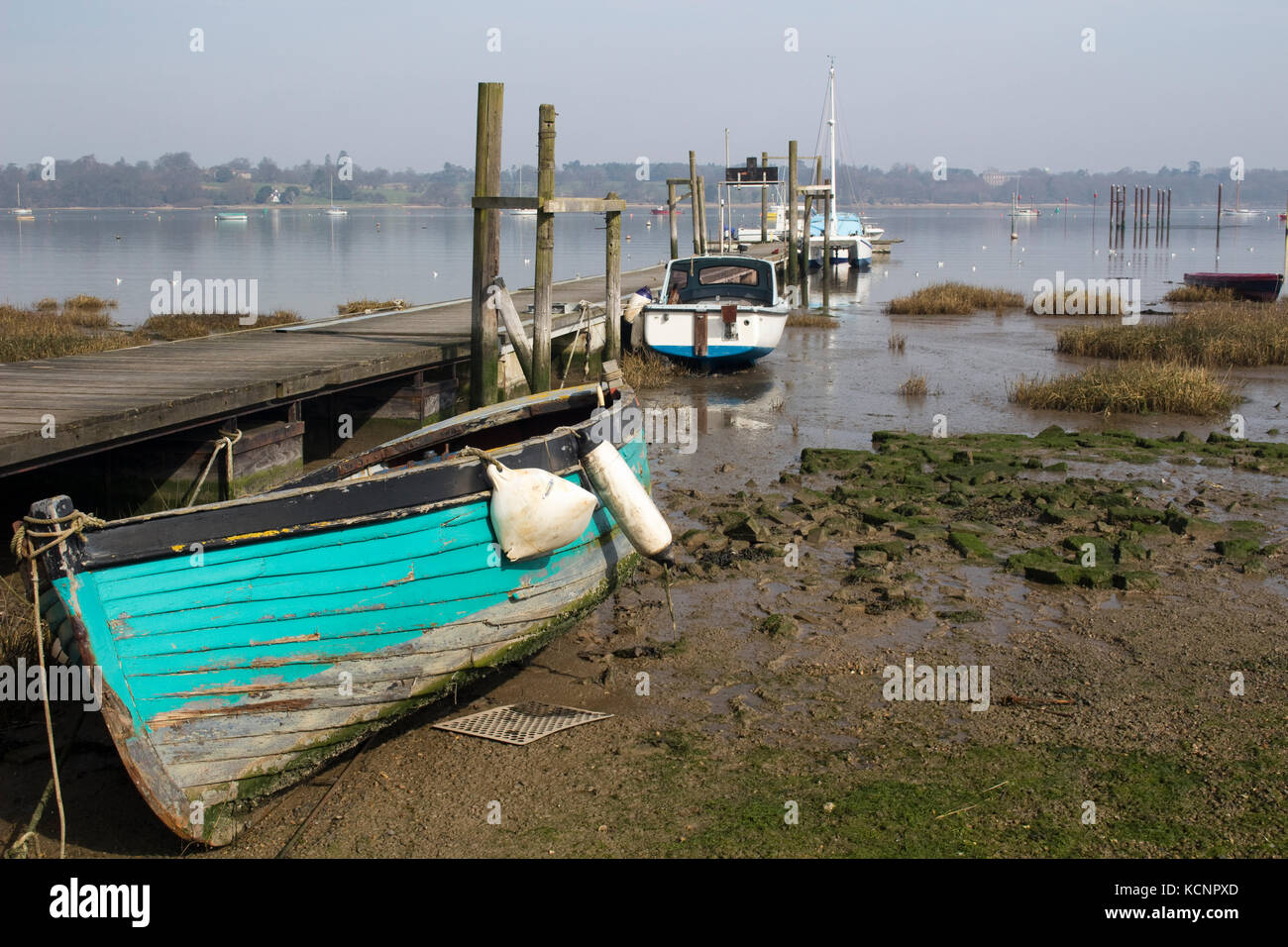 Blue and white boats at Pin Mill, Suffolk, England Stock Photo - Alamy