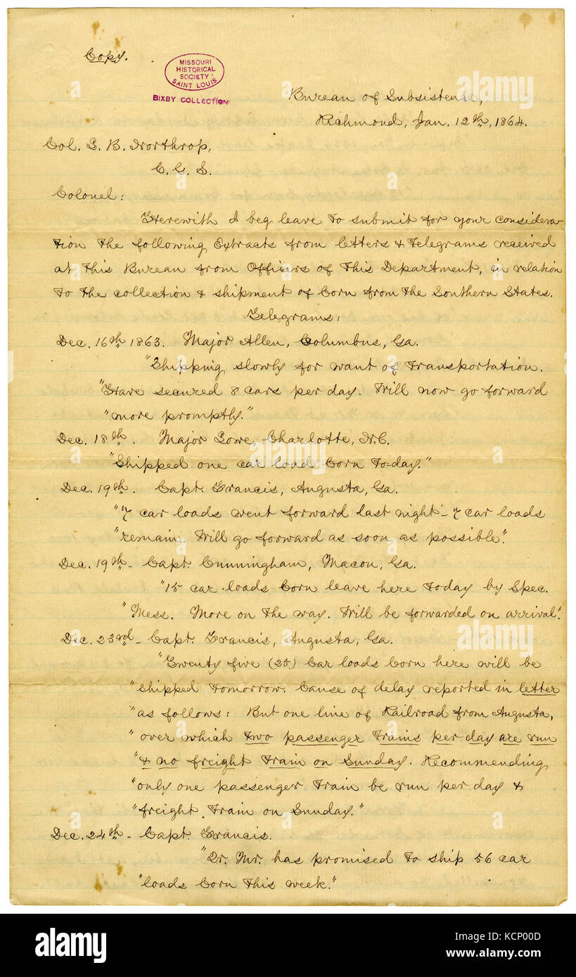 Copy of letter of S.B. French, Bureau of Subsistence, Richmond, to Col ...