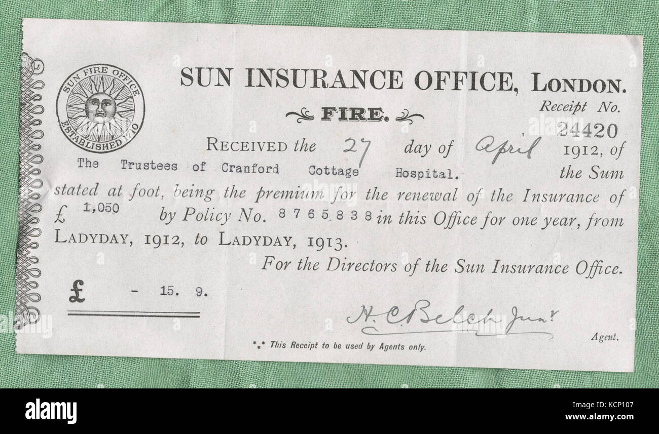 Fire insurance receipt, 1912 1913, for the Harlington, Harmondsworth ...
