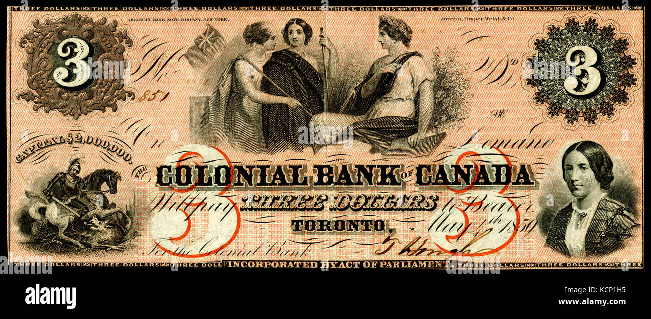 The Colonial Bank of Canada issued this 3-dollar note in 1859. It ...