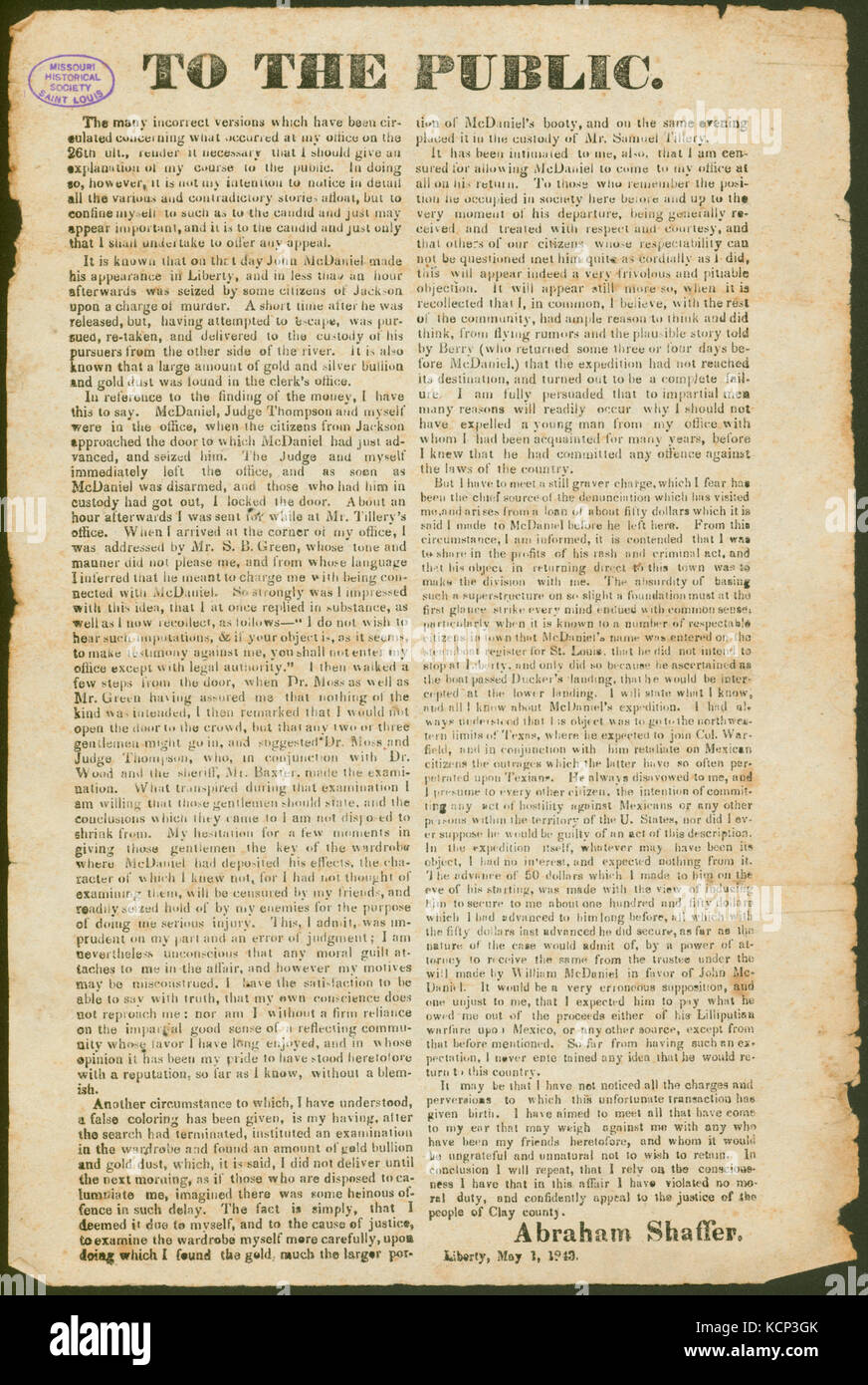 Circular of Abraham Shaffer, Liberty, Mo., May 1, 1843 Stock Photo - Alamy
