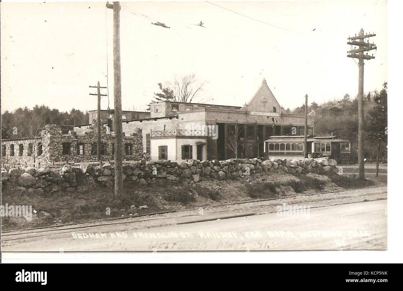 Dedham and Franklin Street Railway car barn postcard Stock Photo - Alamy