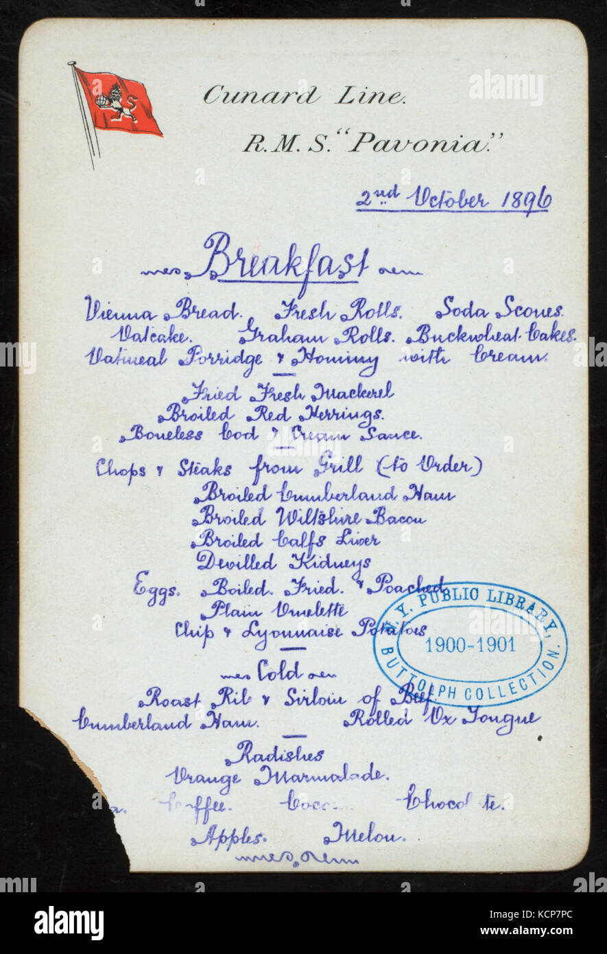 BREAKFAST (held by) CUNARD LINE R.M.S. PAVONIA (at) (EN ROUTE) (SS ...