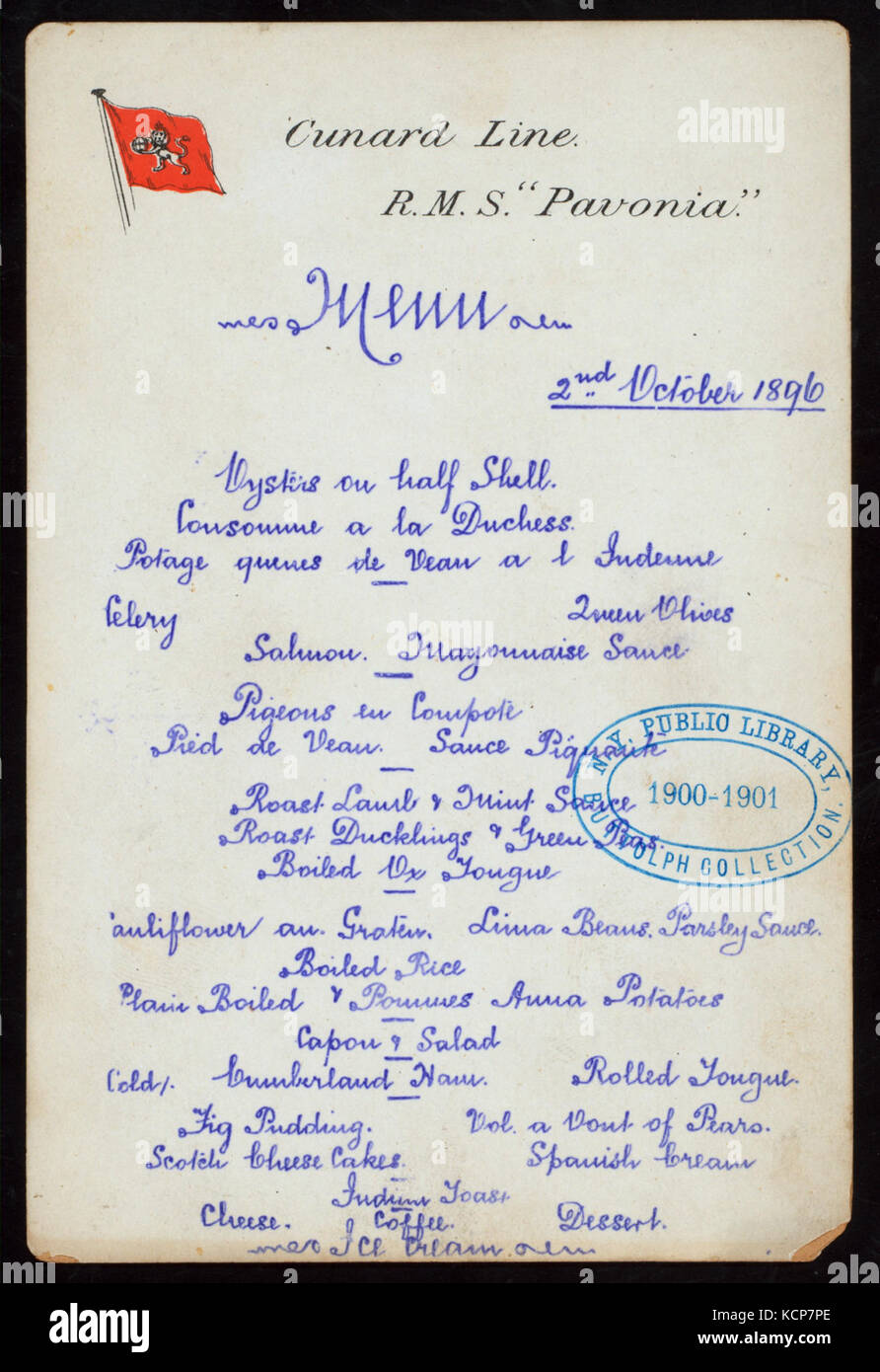 This is a dinner menu from the Cunard Line R.M.S. Pavonia, a ship en ...