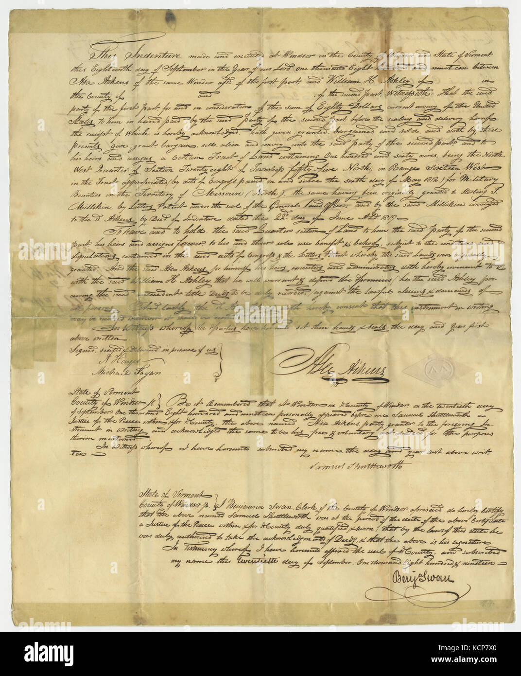 Deed of Asa Aikens, Windsor, Vermont, to William H. Ashley for 160 ...
