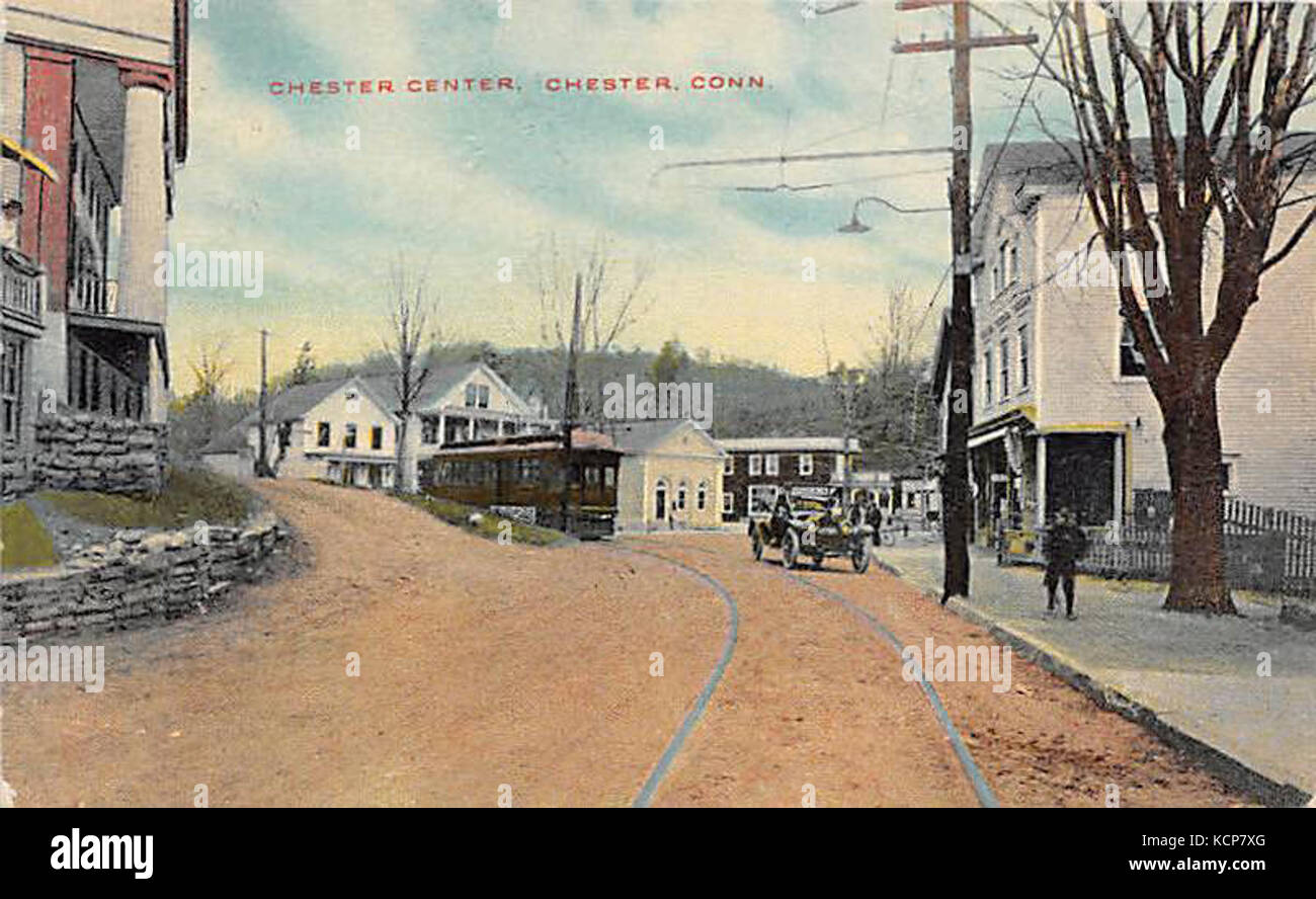 Chester Center with trolley 1916 postcard Stock Photo - Alamy