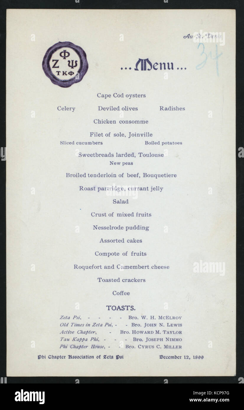 DINNER (held by) PHI CHAPTER ASSOCIATION OF ZETA PSI (at) (NYPL Hades ...