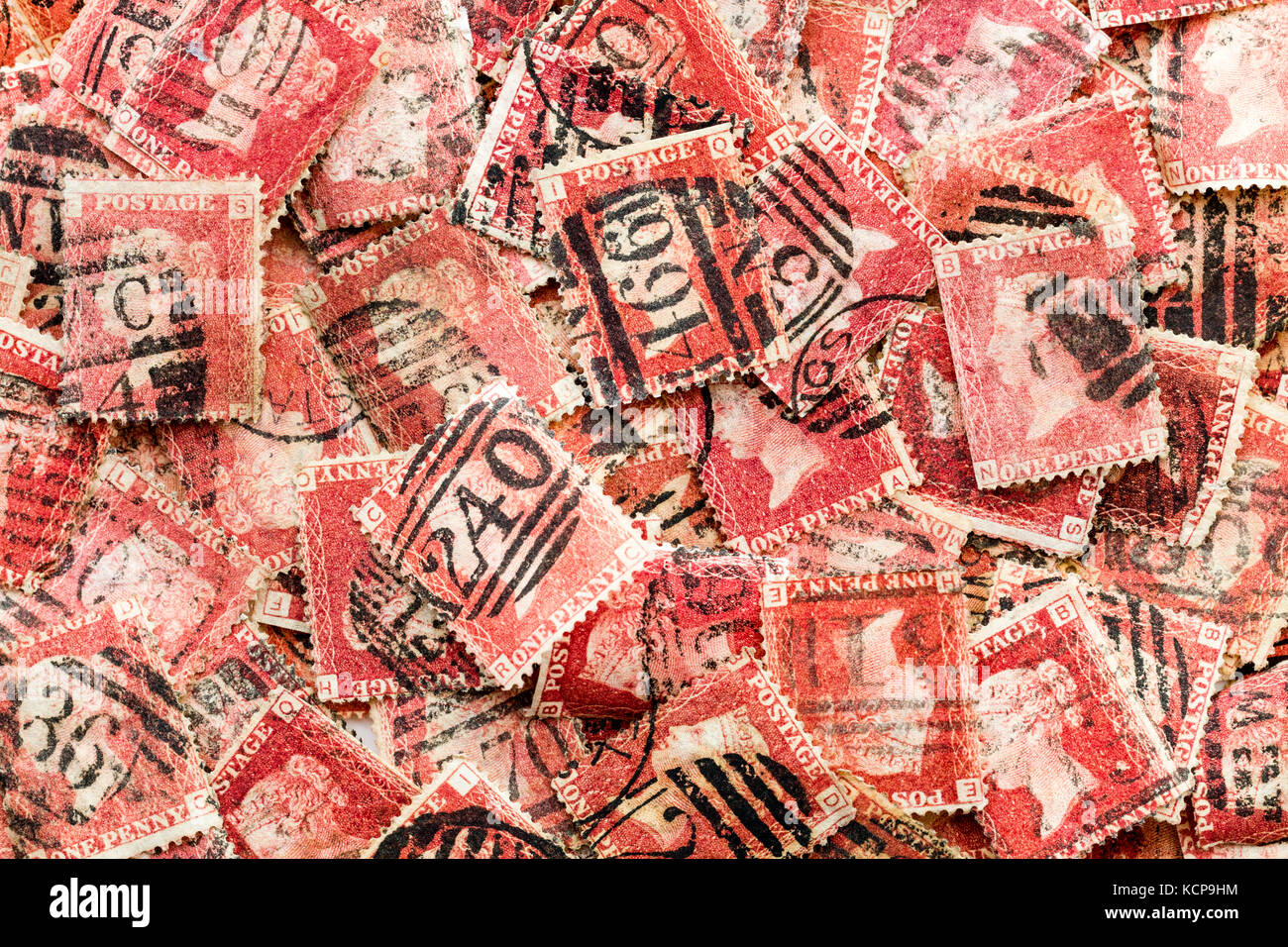 England. Stamp collecting. Pile of British Victorian one penny red ...