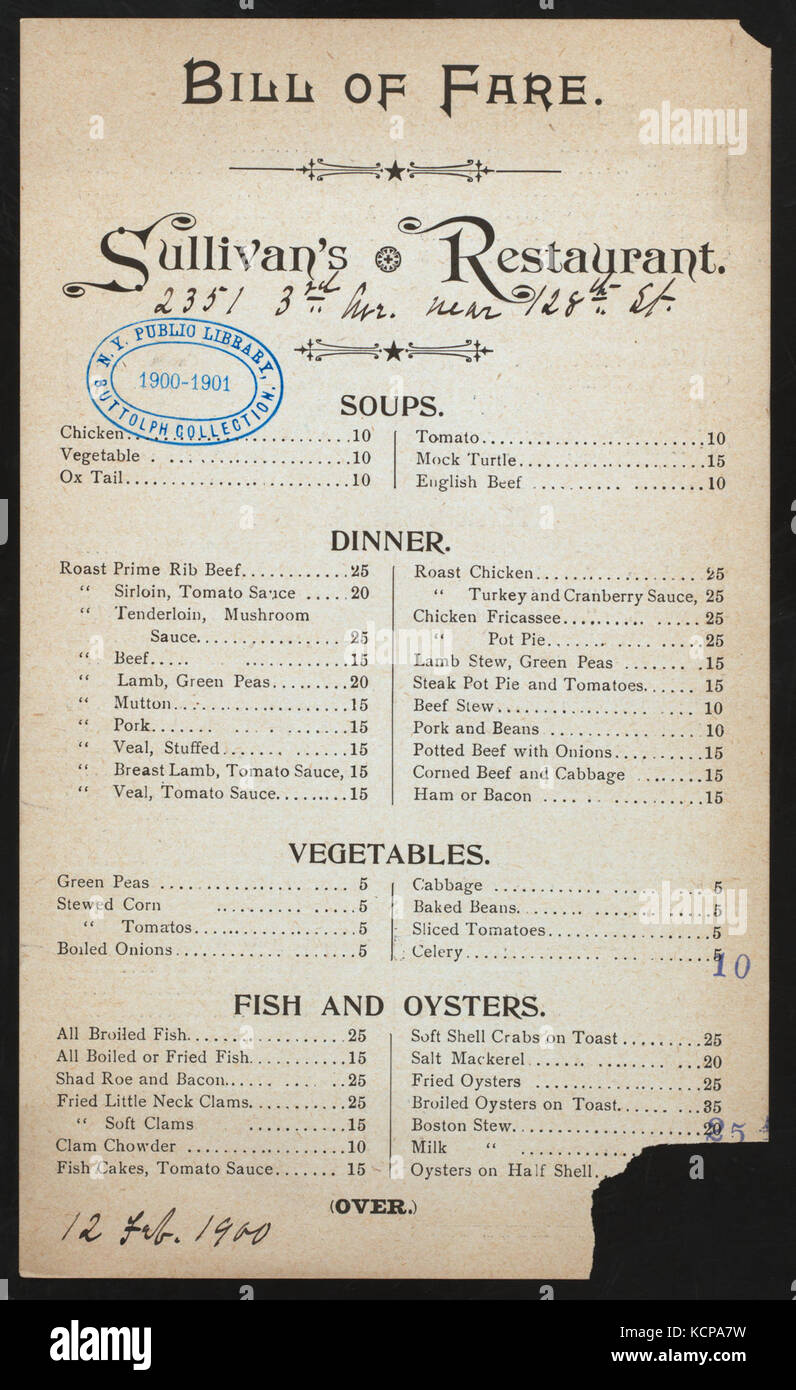 BILL OF FARE (held by) SULLIVAN'S RESTAURANT (at) (2351 3RD AVE. NEAR ...