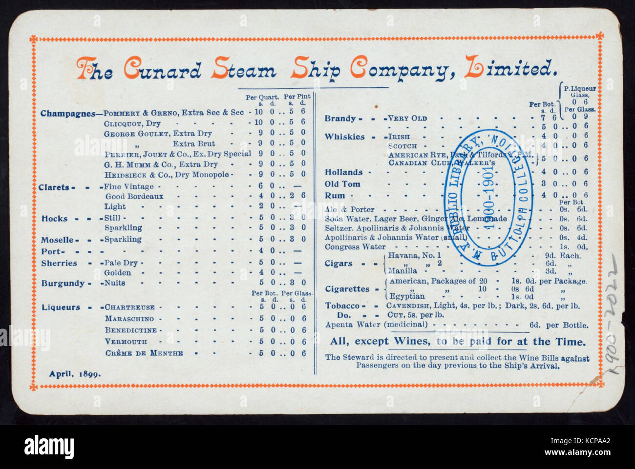 DINNER (held by) CUNARD LINE (at) ABOARD R.M.S. ETRURIA (SS;) (NYPL ...