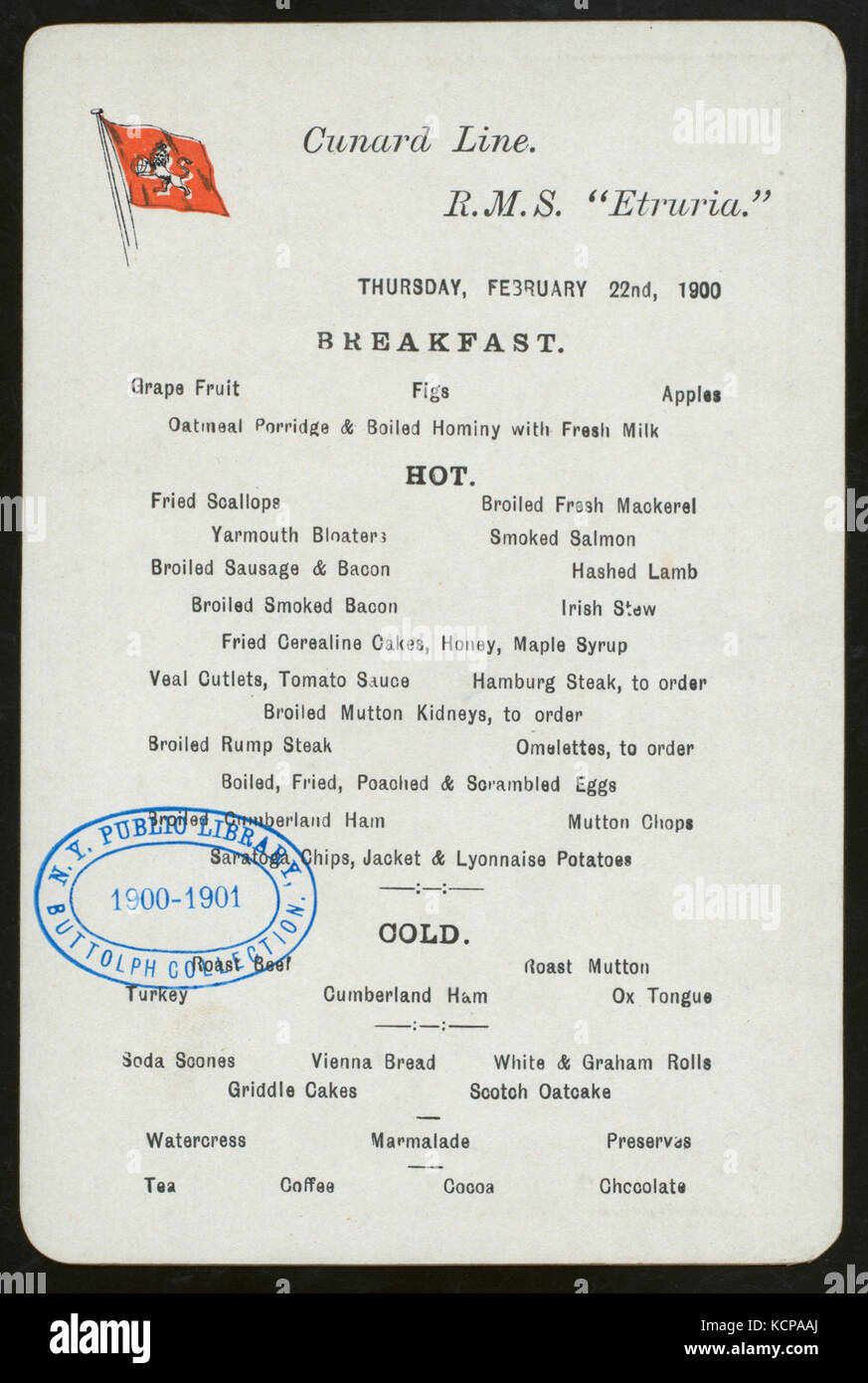 BREAKFAST (held by) CUNARD LINE (at) EN ROUTE ABOARD THE R.M.S. ETRURIA ...