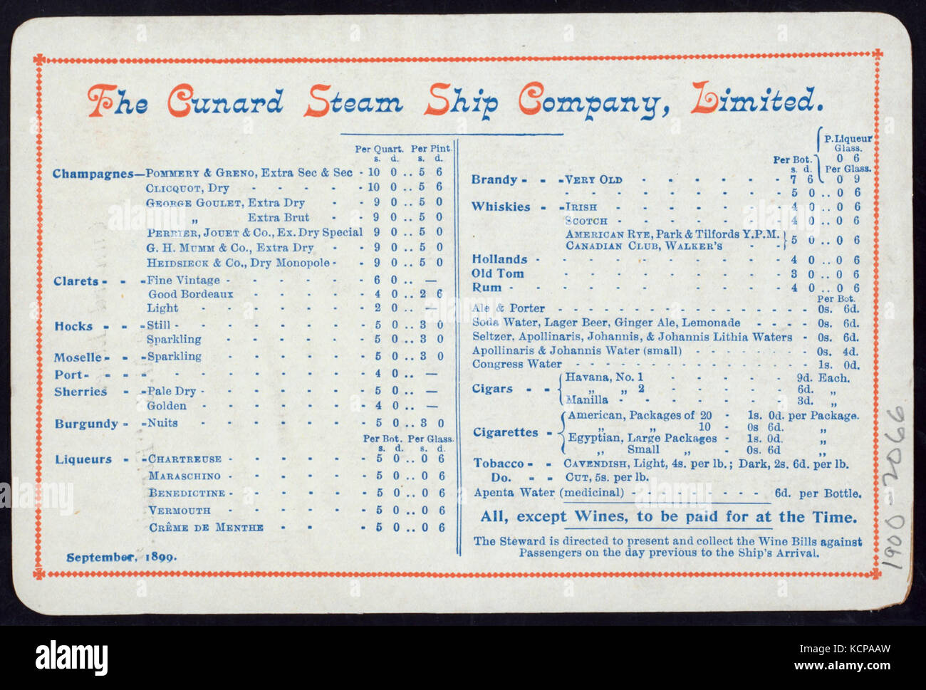 DINNER (held by) CUNARD LINE (at) EN ROUTE ABOARD THE R.M.S. ETRURIA ...