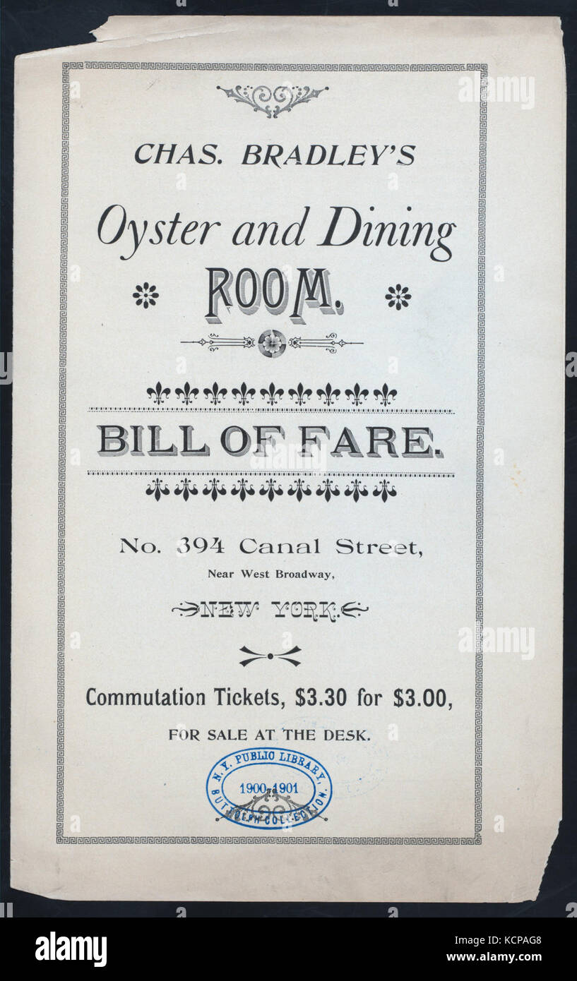 BILL OF FARE BREAKFAST & SUPPER (held by) CHAS.BRADLEY'S OYSTER ...