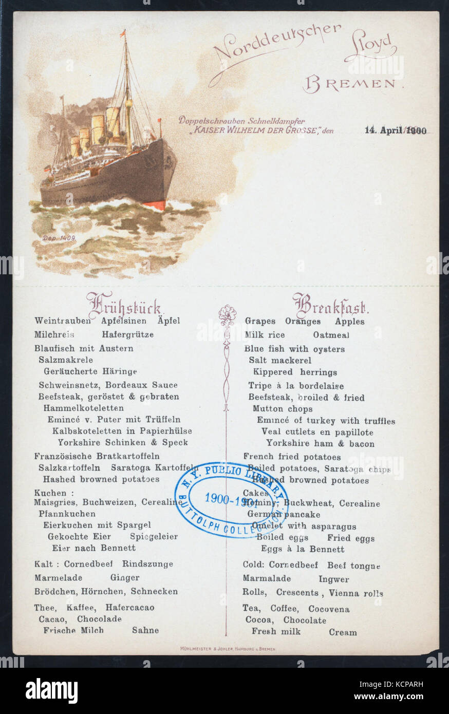 BREAKFAST (held by) NORDDEUTSCHER LLOYD BREMEN (at) EN ROUTE ABOARD ...