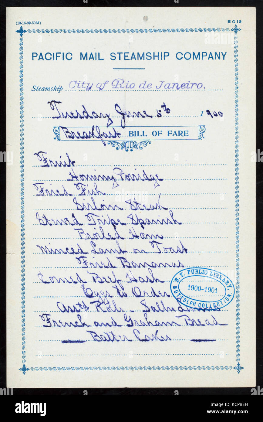 BREAKFAST (held by) PACIFIC MAIL STEAMSHIP COMPANY (at) SS CITY OF RIO ...