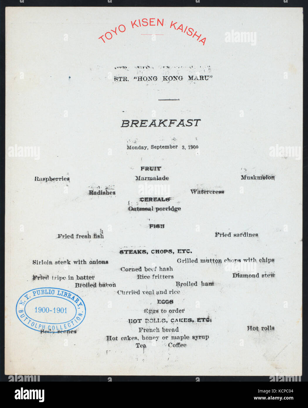BREAKFAST (held by) TOYO KISEN KAISHA (at) SS HONG KONG MARU (SS ...