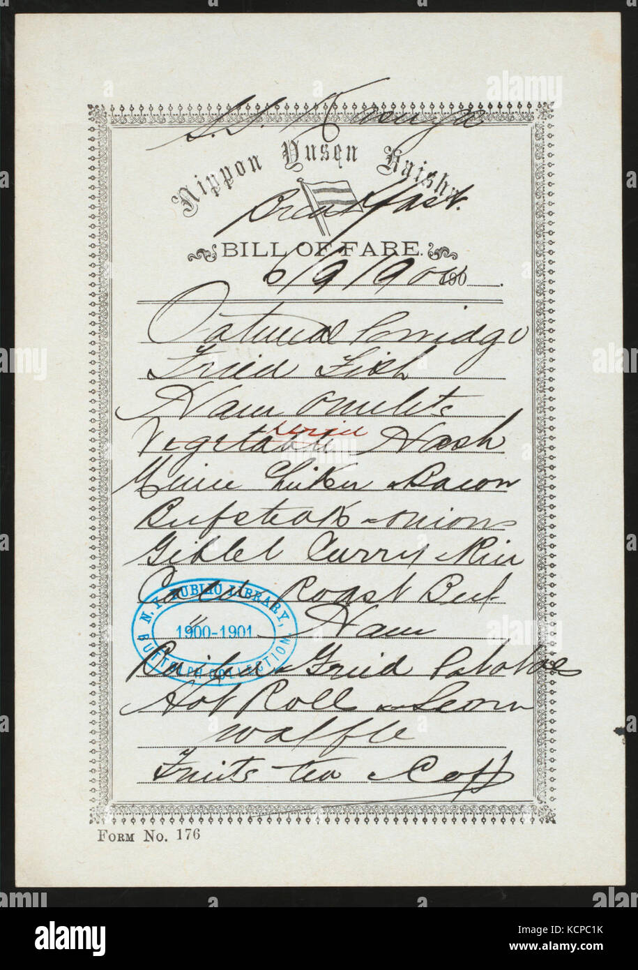 BREAKFAST (held by) NIPPON YUSEN KAISHA (at) EN ROUTE ABOARD SS. KASUGA ...