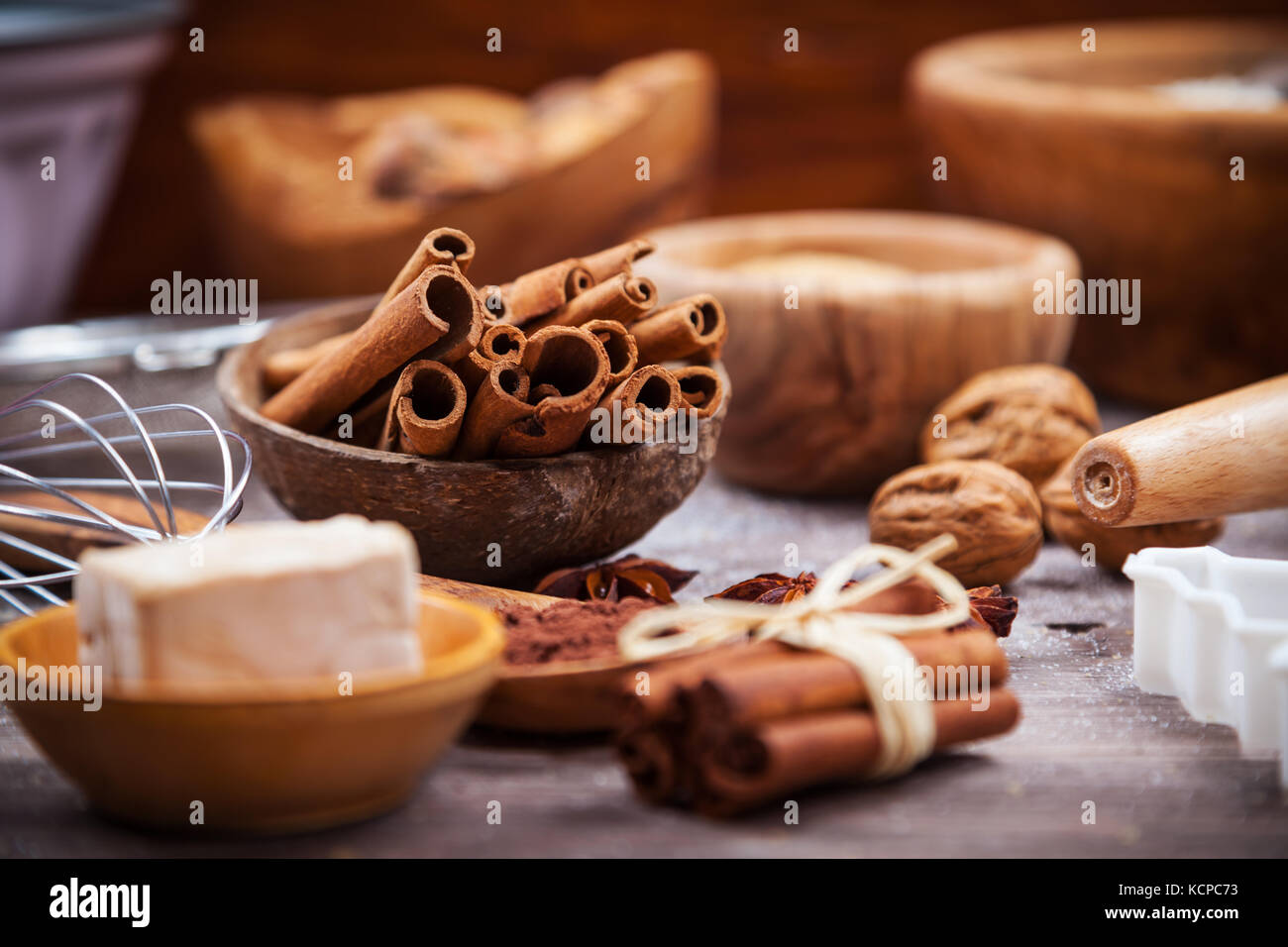 Assorted baking ingredients and kitchen utensil for cake or cookies ...
