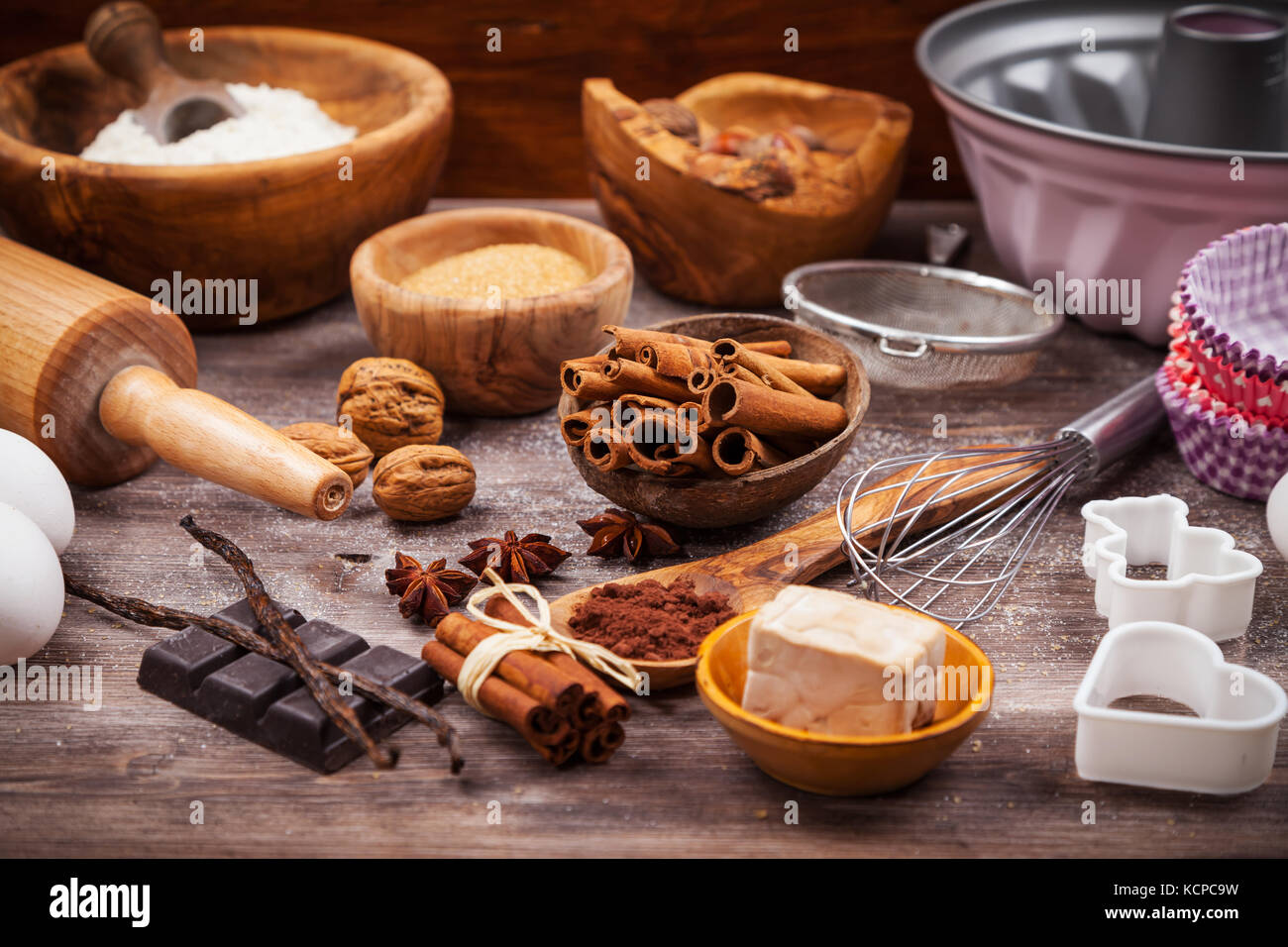 Assorted baking ingredients and kitchen utensil for cake or cookies ...