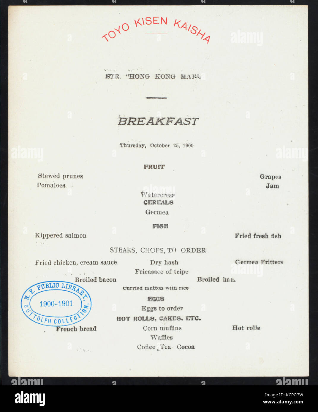BREAKFAST (held by) TOYO KISEN KAISHA (at) EN ROUTE ABOARD HONG KONG ...