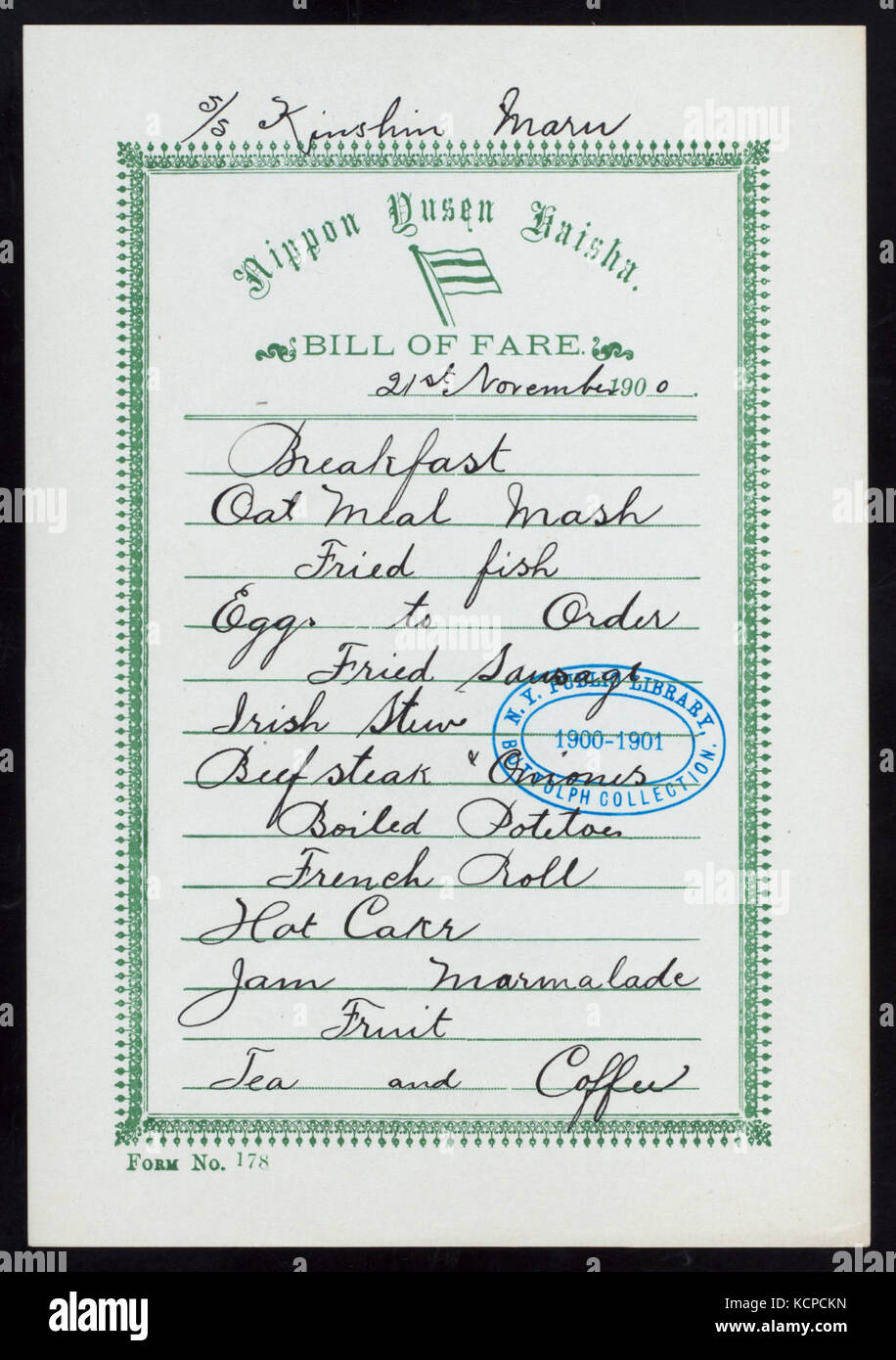 BREAKFAST (held by) NIPPON YUSEN KAISHA S.S.KINSHIN MARU (at) EN ROUTE ...