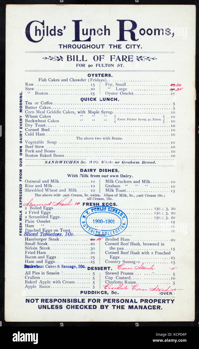 DAILY BILL OF FARE (held by) CHILDS' LUNCH ROOMS (at) NY (SEVERAL ...