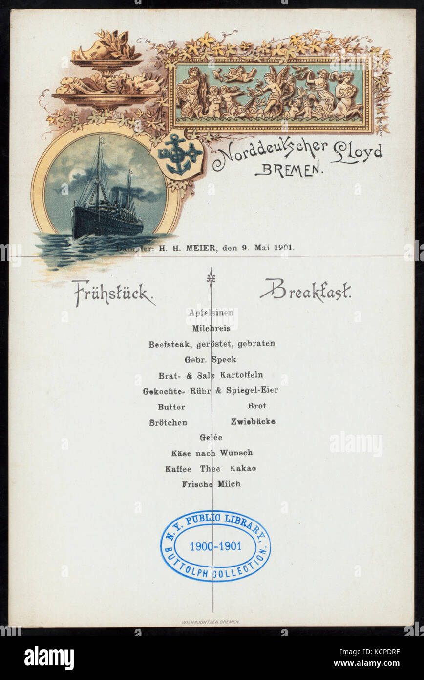BREAKFAST (held by) NORDDEUTSCHER LLOYD BREMEN (at) EN ROUTE ABOARD ...