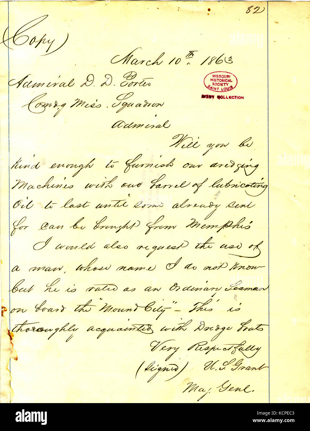 Contemporary copy of a letter from U. S. Grant to (David D.) Porter ...