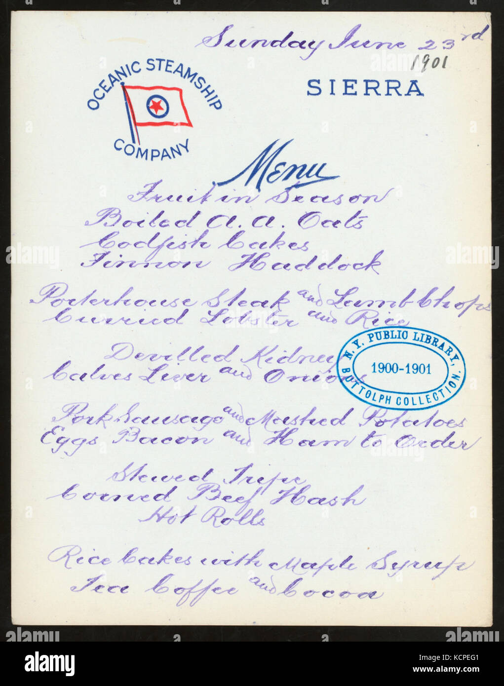 BREAKFAST (held by) OCEANIC STEAMSHIP COMPANY (at) SS SIERRA (SS ...