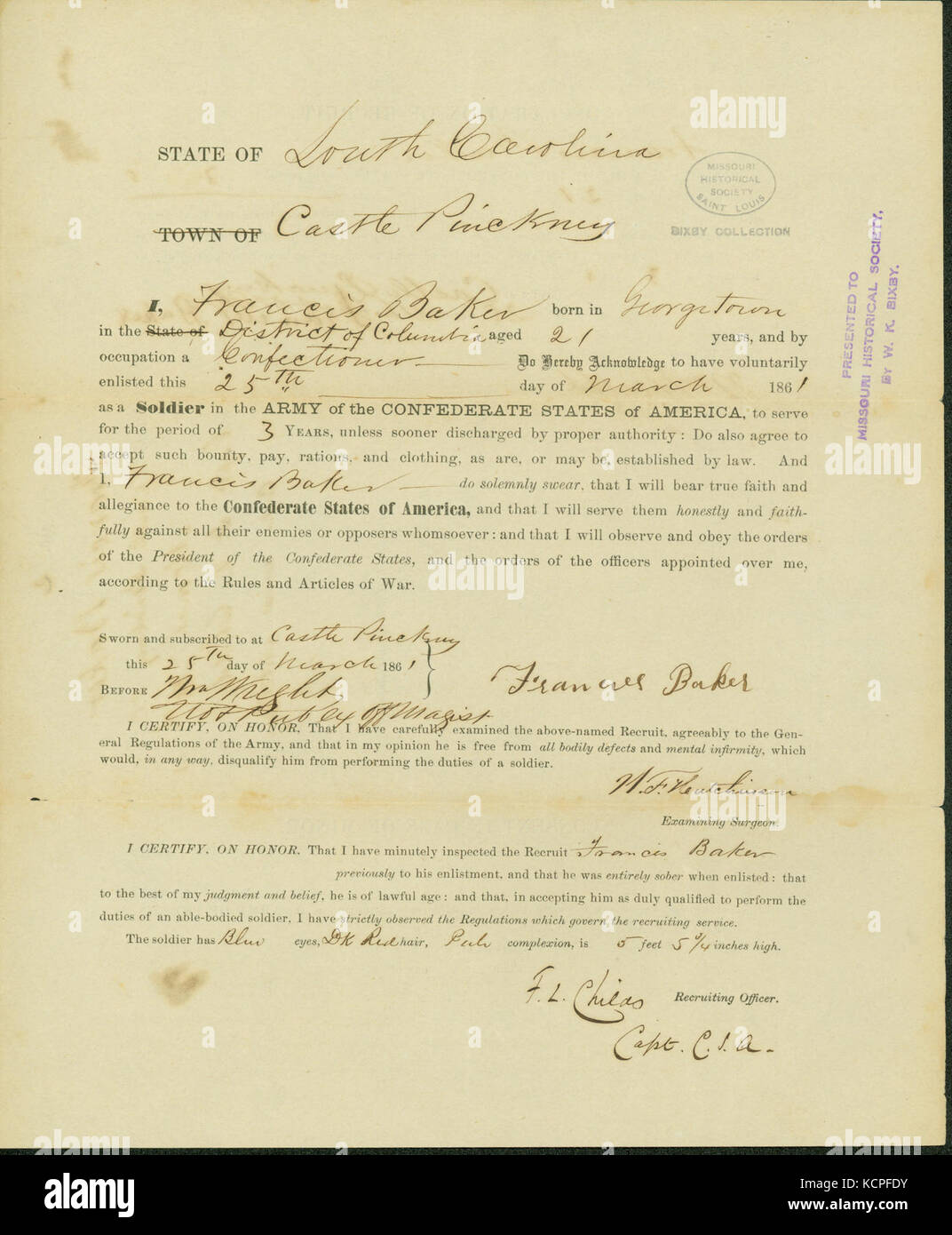 Enlistment document of Francis Baker in the Confederate Army, signed at ...
