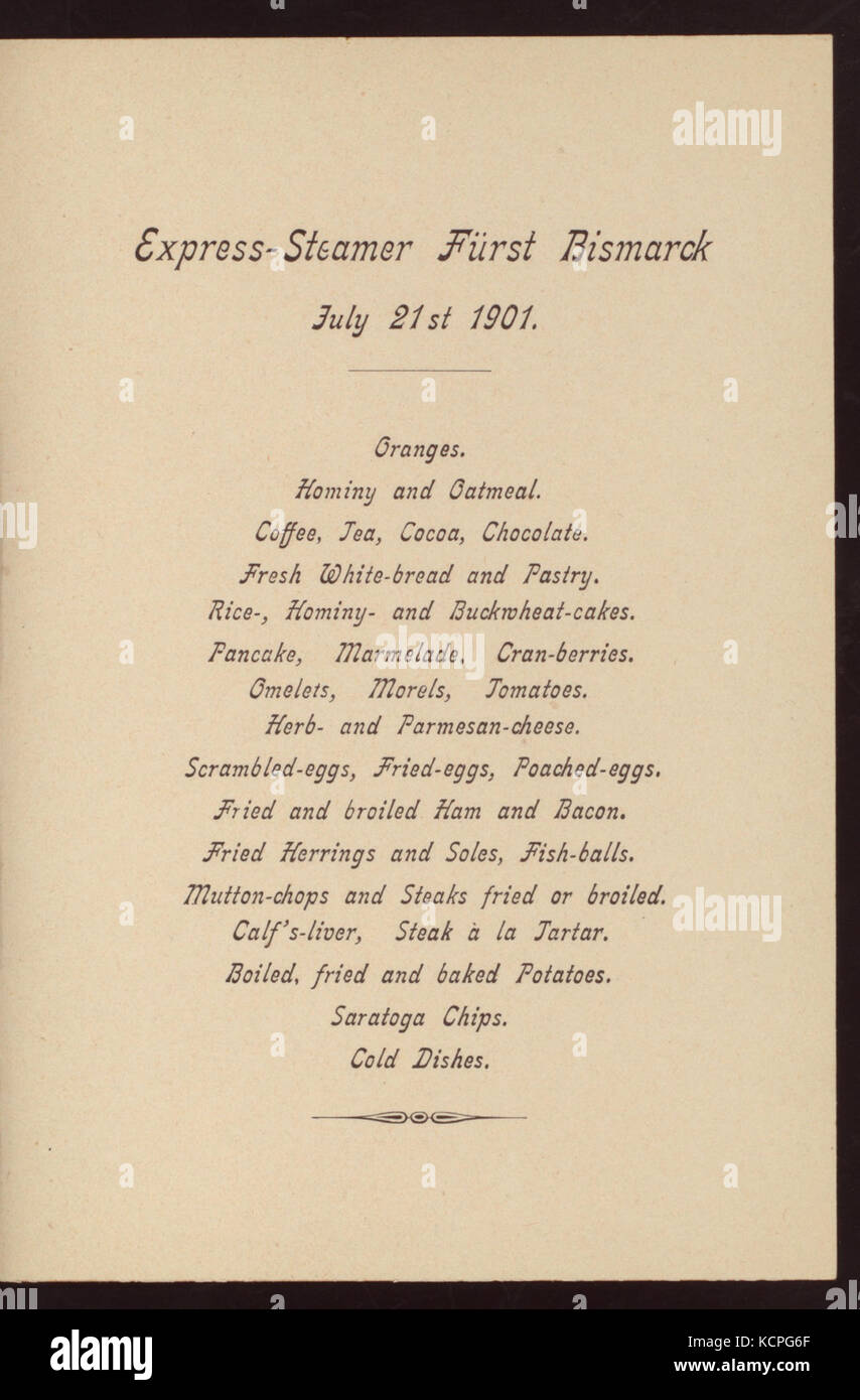 BREAKFAST (held by) HAMBURG AMERIKA LINIE STEAMER FURST BISMARCK (at ...