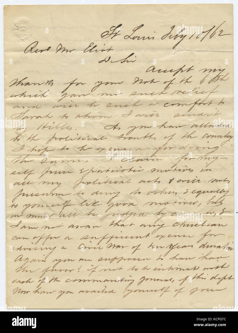 Contemporary copy of letter signed Wm. Carr Lane, St. Louis, to Rev. Mr ...