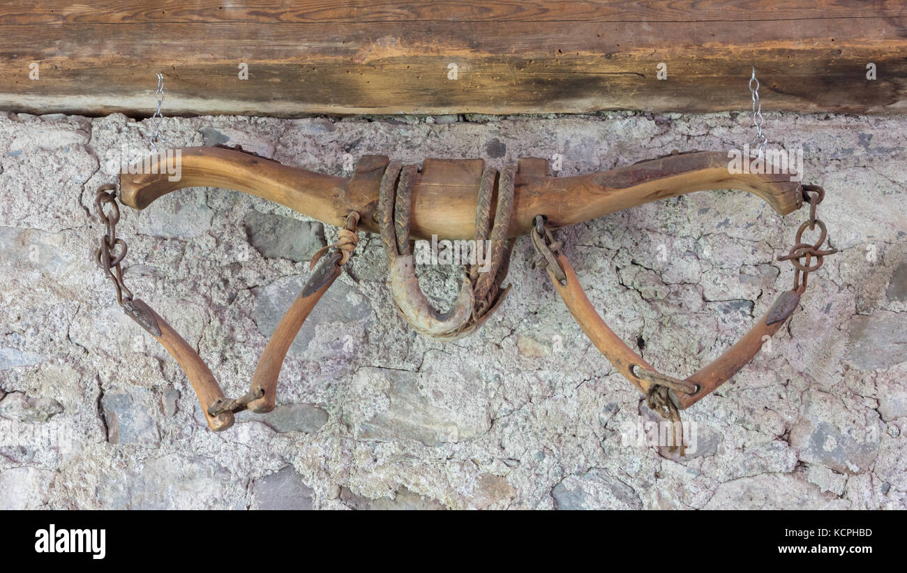 Vintage old wooden rustic ox yoke decoration in Austria Stock Photo - Alamy