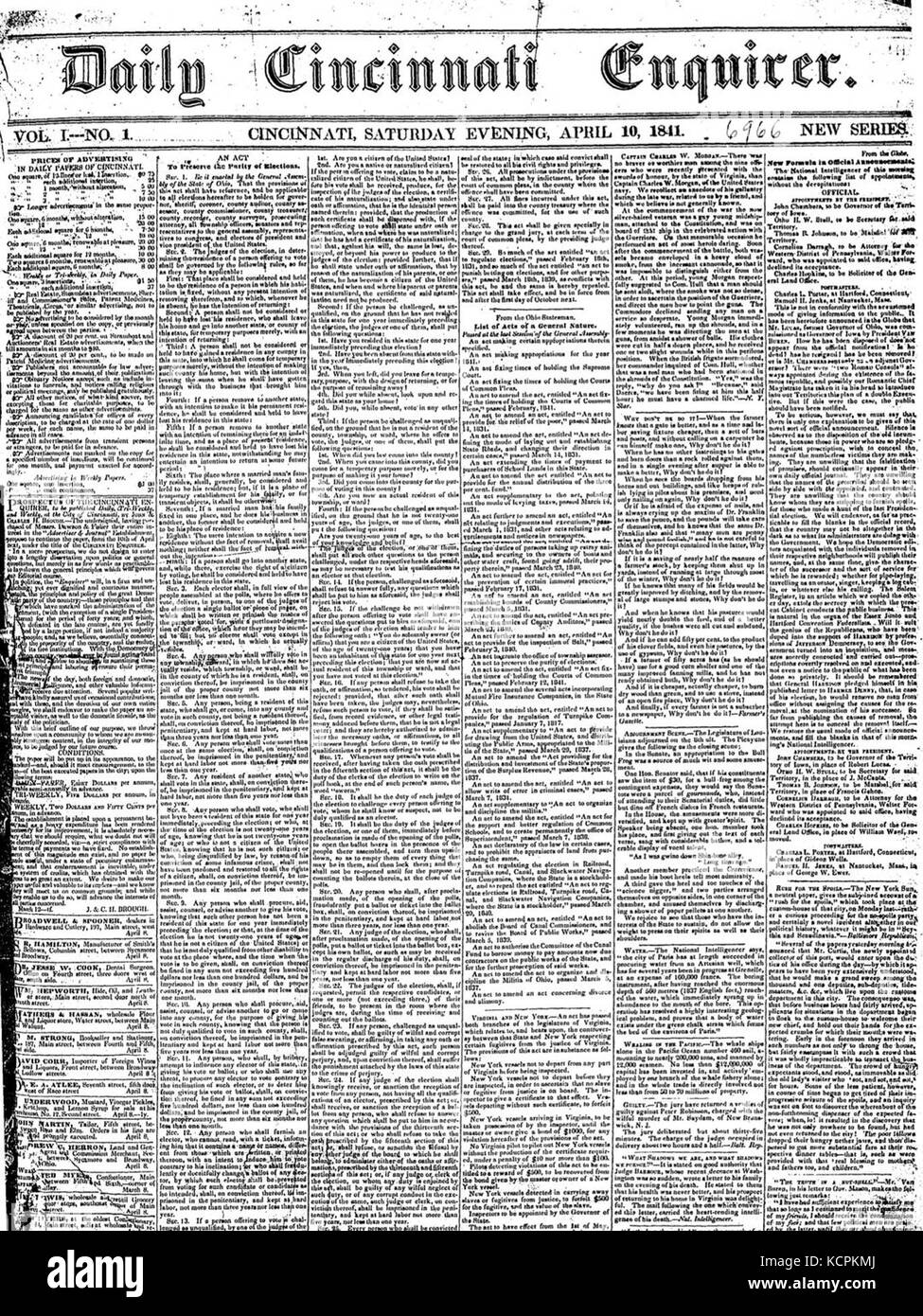 Cincinnati Daily Enquirer, April 10, 1841 Stock Photo - Alamy