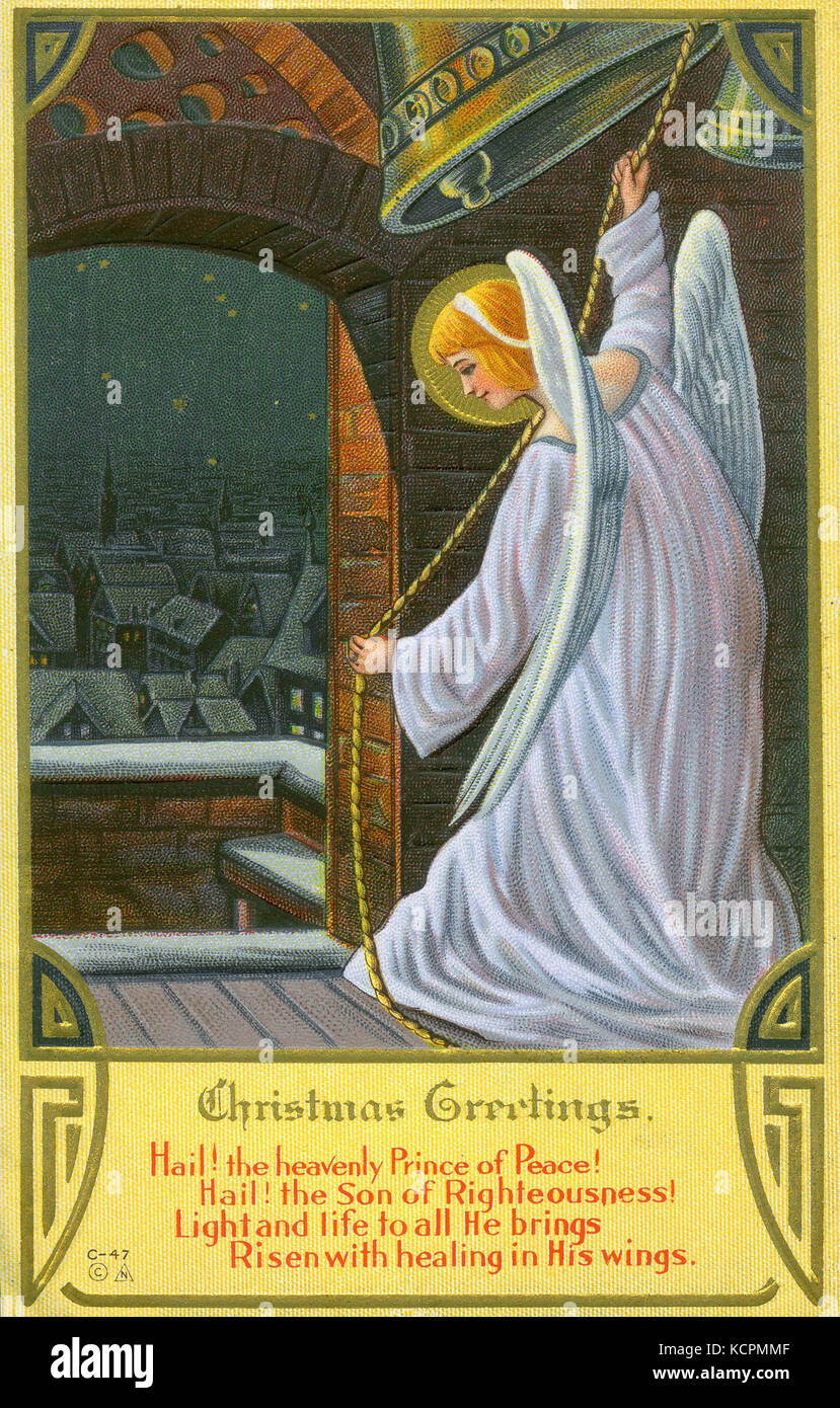 A Christmas greeting card illustration depicting an angel ringing a ...