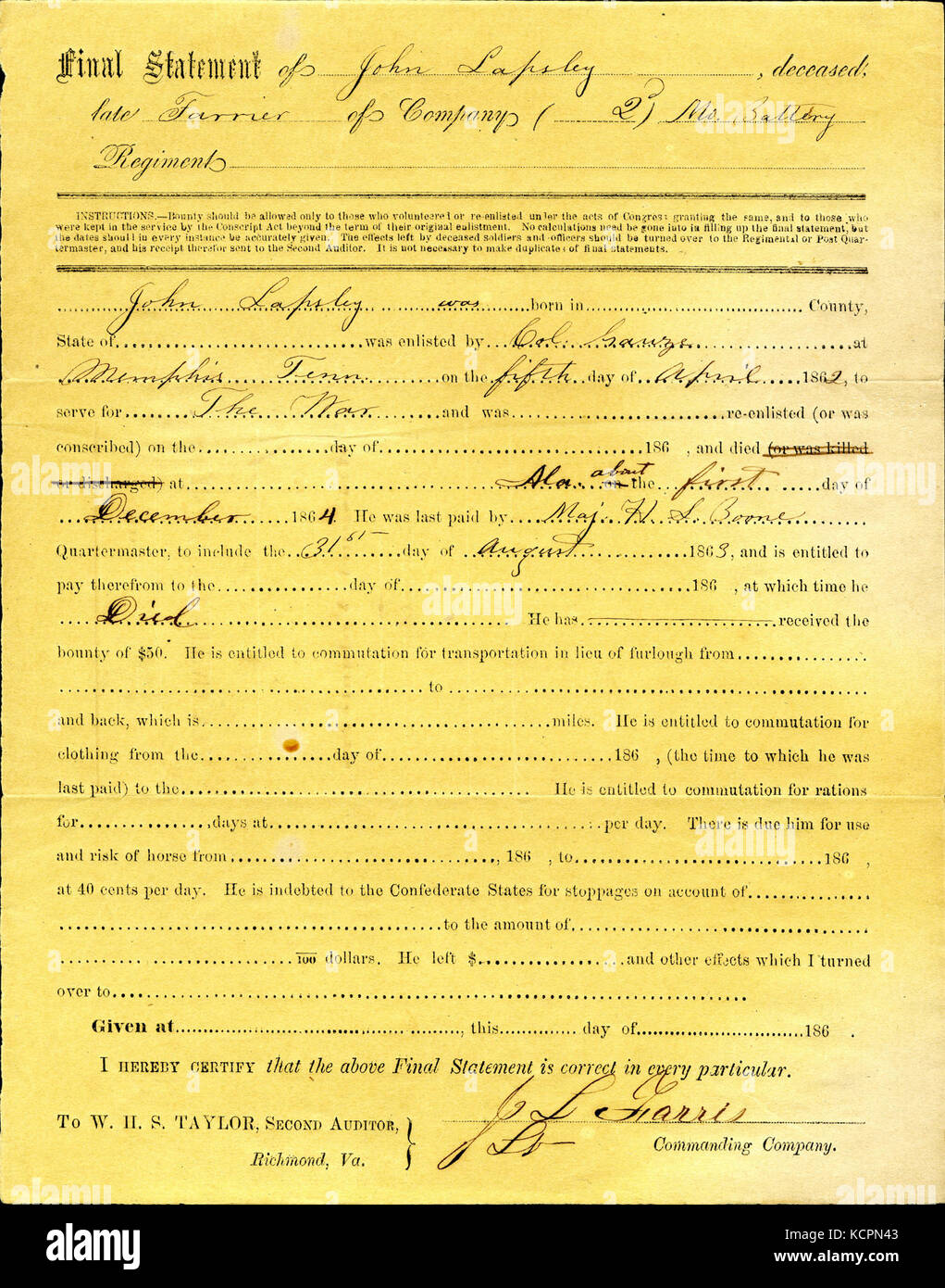 Final statement of John Lapsley, farrier, 2nd Missouri Battery ...