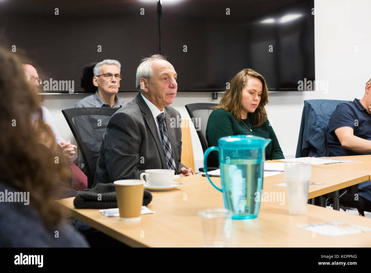 Welsh Assembly member Mike Hedges (centre) speaks at the first event of ...
