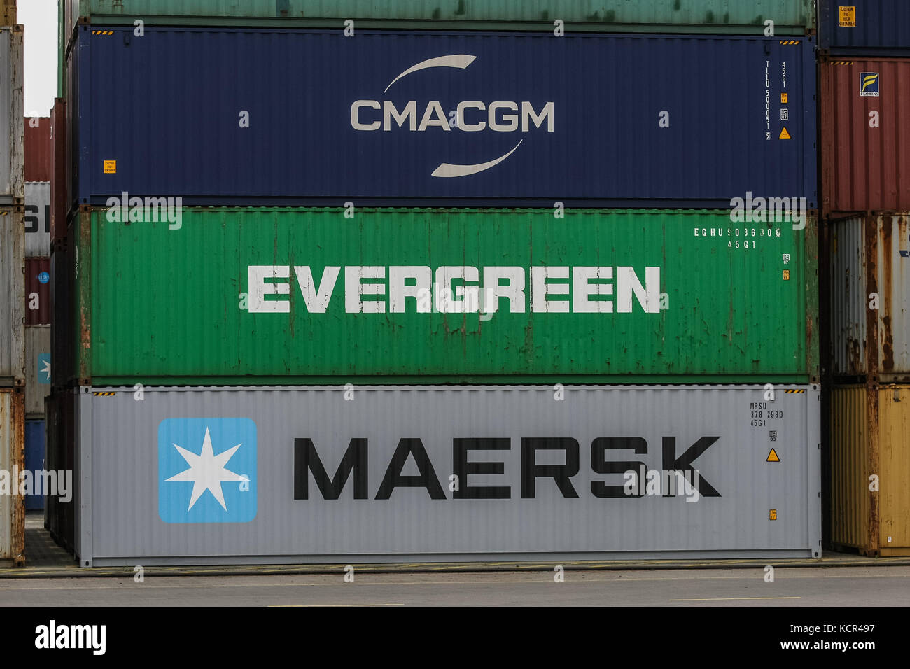 Gdansk, Poland. 07th Oct, 2017. CMA CGM, Evergreen and Maersk ...