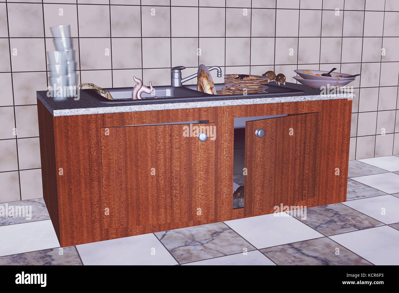 Horror kitchen sink with dishwares and rats, 3D rendering Stock Photo ...