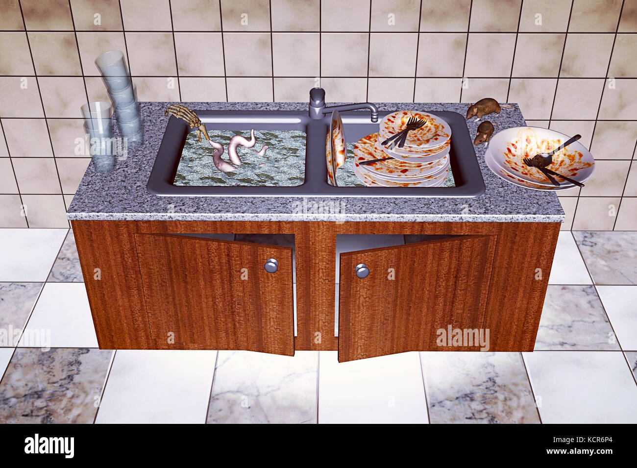 dirty kitchen sink from the top with unwashed dishware and rats, 3D ...