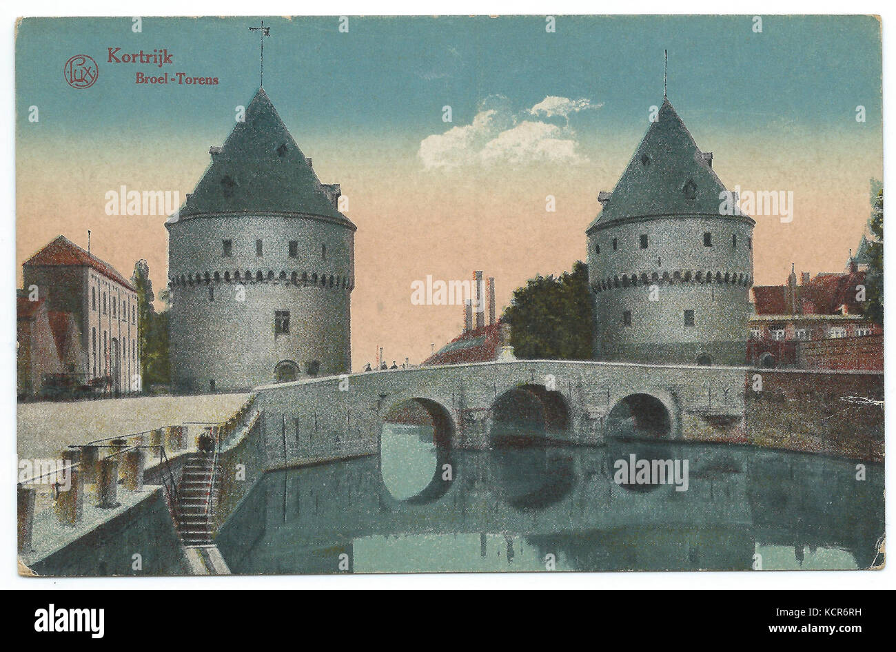 A postcard depicting the Broeltorens in Kortrijk, Belgium. The ...
