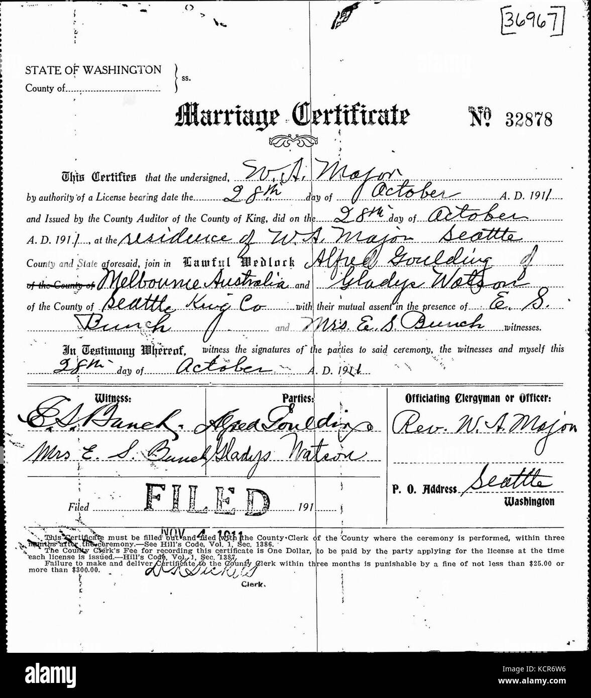 Alfred John Goulding and Gladys Watson marriage certificate from 1911 ...