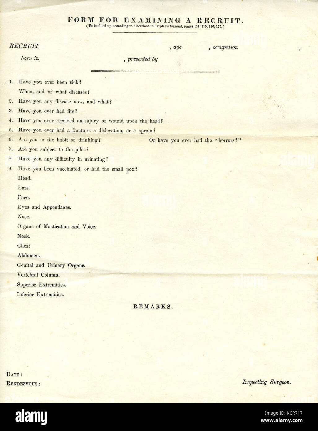 Blank military form for examining a recruit, 1861 1863 Stock Photo - Alamy