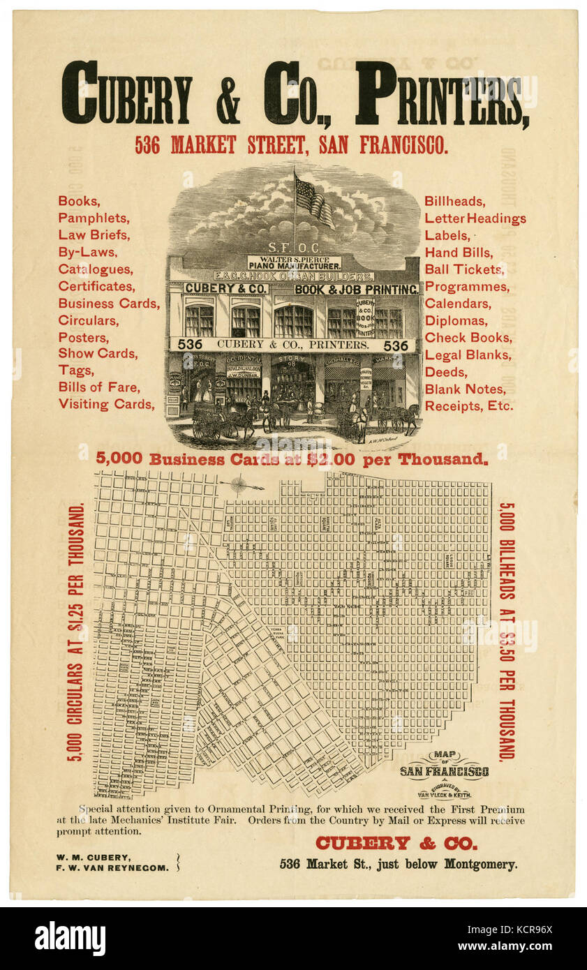 Advertisement for Cubery and Co., printers, San Francisco, 1860 1890 ...