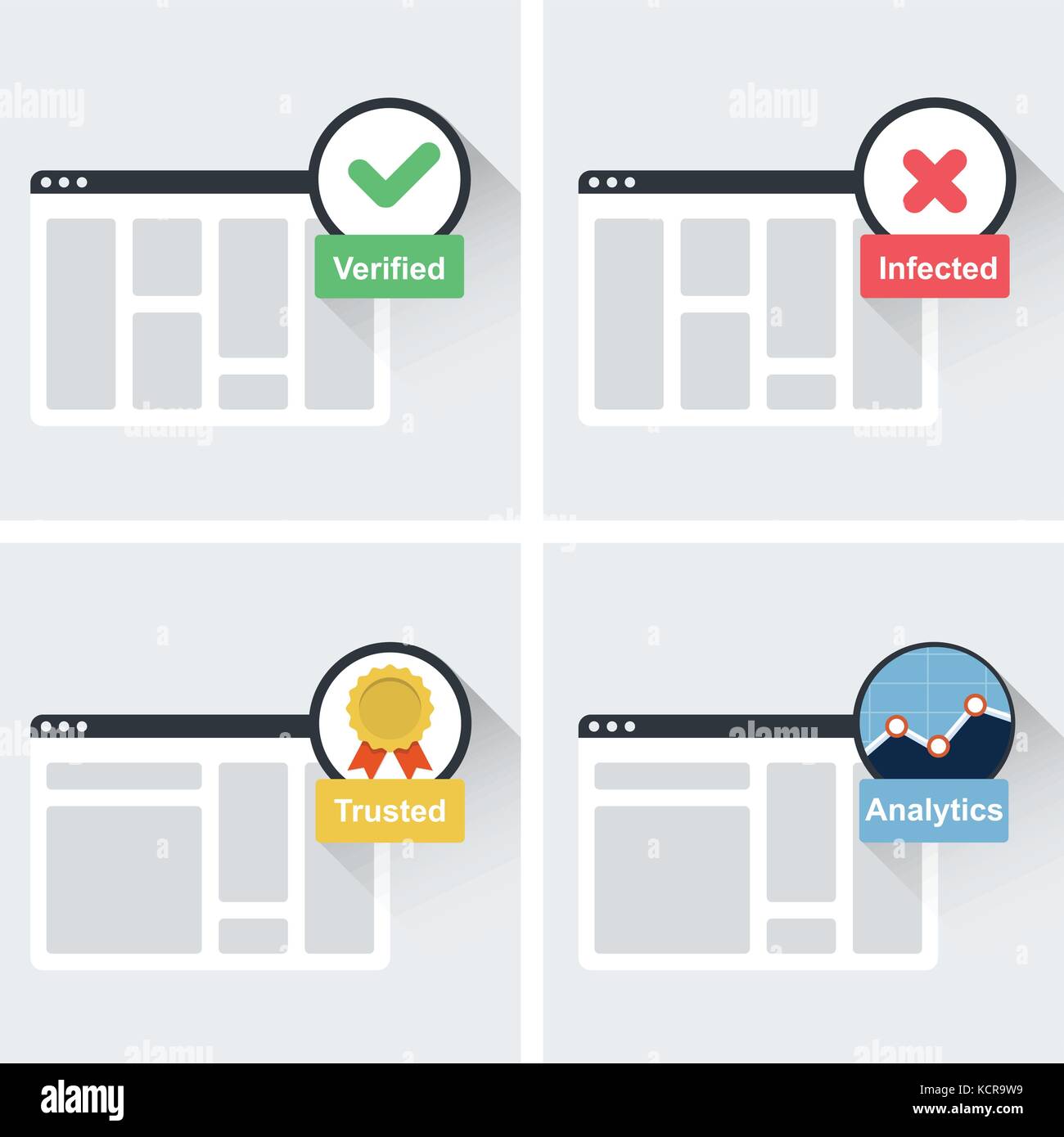 Website trust symbols - trusted, verified, infected and analytics Stock ...