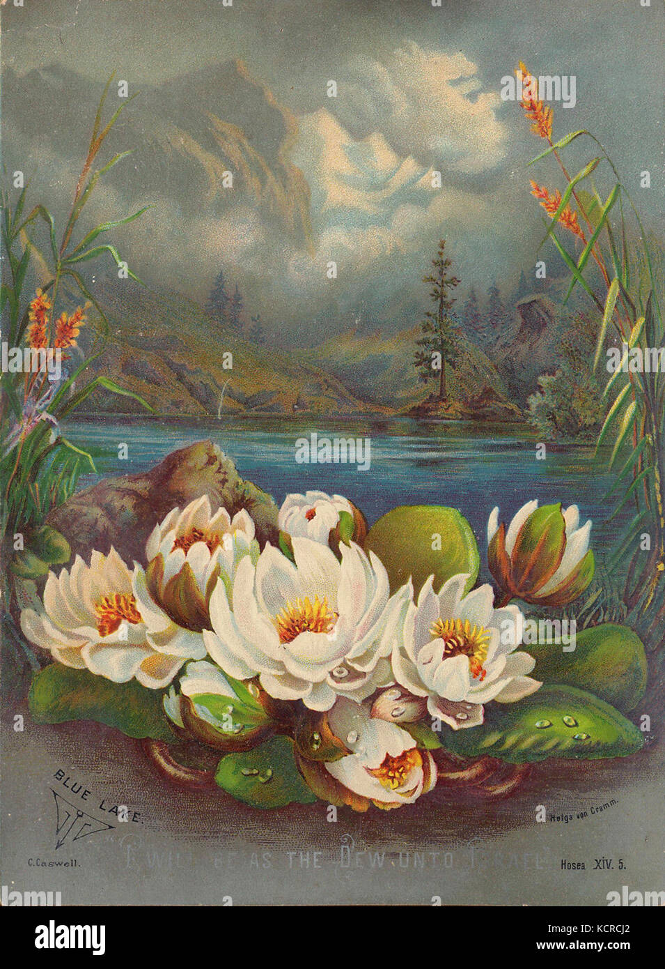 Helga von Cramm, chromolithgraph, Blue Lake, with a verse from Hosea ...